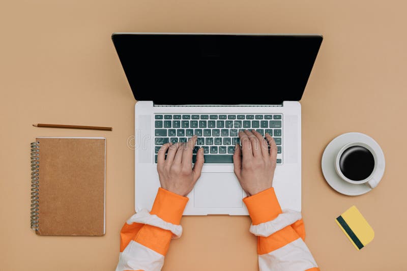Female Customer Hands with Card and Laptop Computer Next To Notebook ...