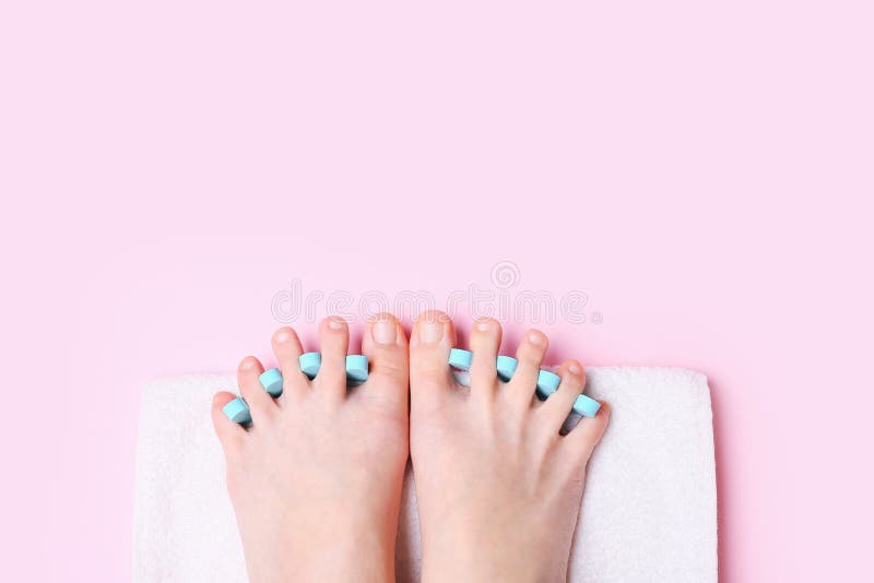 Top View of Female Feet Preparing Pedicure on Light Pink Background ...