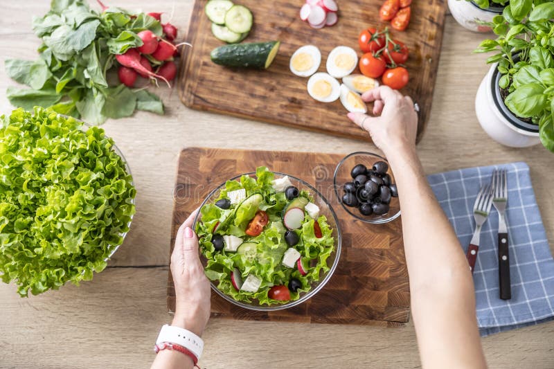 Top View of Female Hands Preparing a Healthy Spring Salad Stock Photo ...
