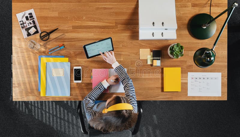 Top View of Female Student Working on Computer at Desk at Home. Stock ...