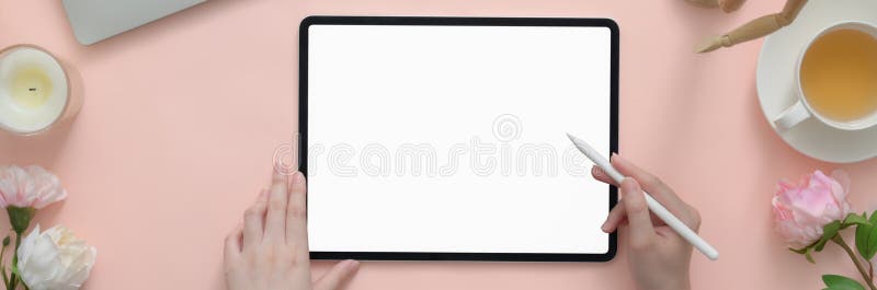 Top View of Female University Student Doing Homework with Blank Screen ...