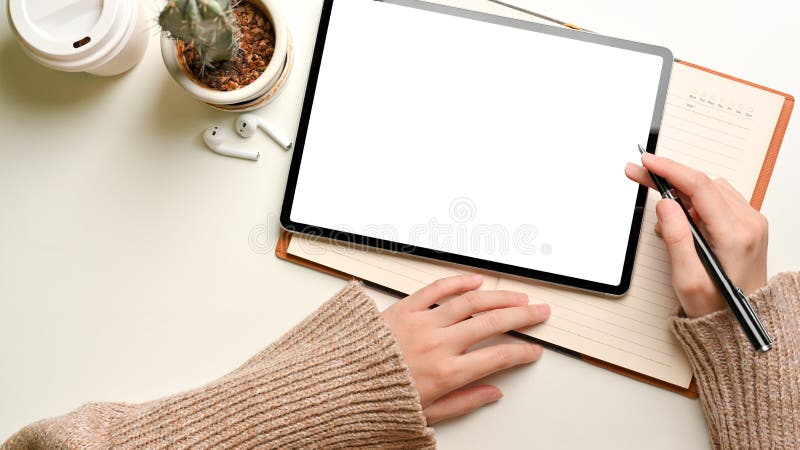 Top View of Female Working with Digital Tablet and Notebook on White ...