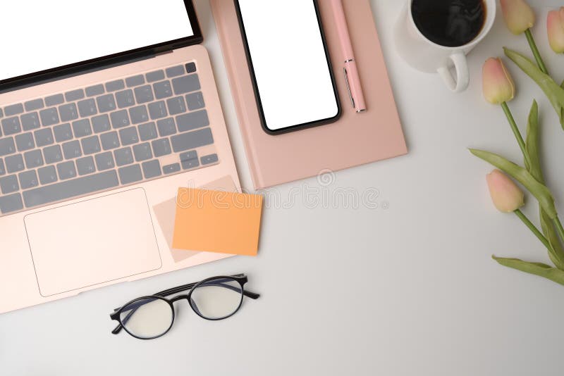 Female Workspace with Laptop Computer, Glasses and Smart Phone on White ...