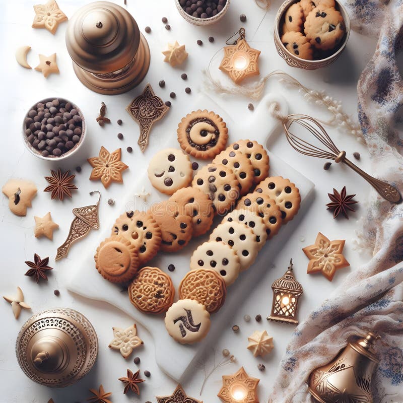 Top View of Festive Eid Cookies with Chocolate Chips Neatly Arranged on ...