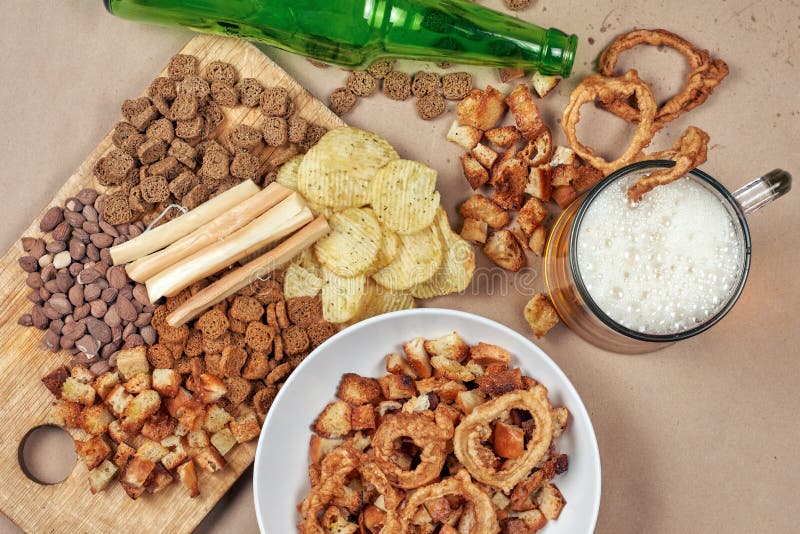Top View of a Festive Table Full of Snacks and Beer Stock Photo - Image ...