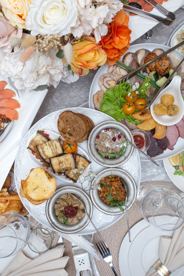 Top View of the Festive Table with Various Dishes and Snacks Stock ...