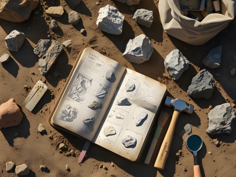 Top View of Field Notebook, Rock Samples, and Geological Tools Spread ...