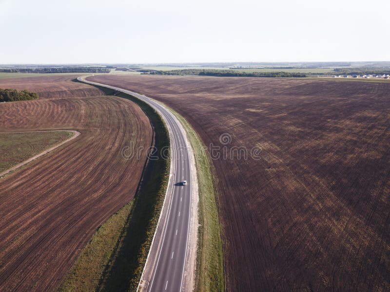 Top View of the Field Road with Car. Aerial Stock Image - Image of ...