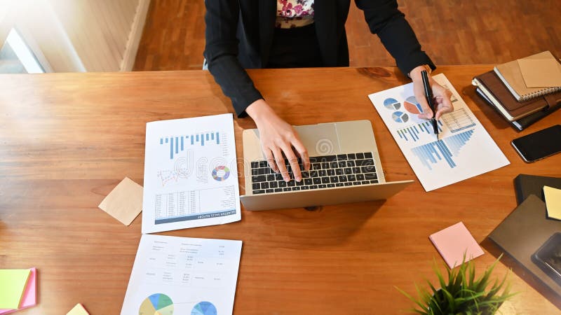 Top View Financial People Working with Paper Document Chart and Laptop ...