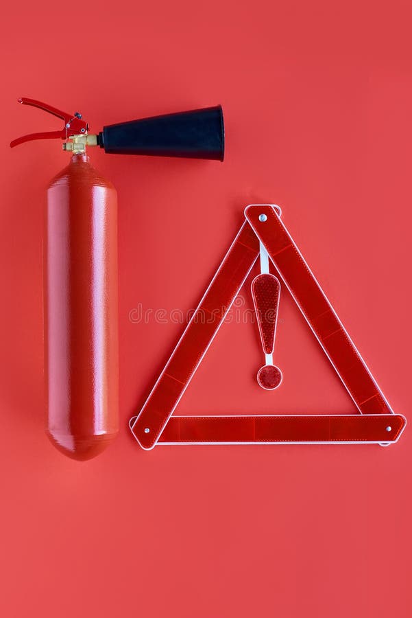 Top View of Fire Extinguisher and Warning Triangle Stock Image - Image ...