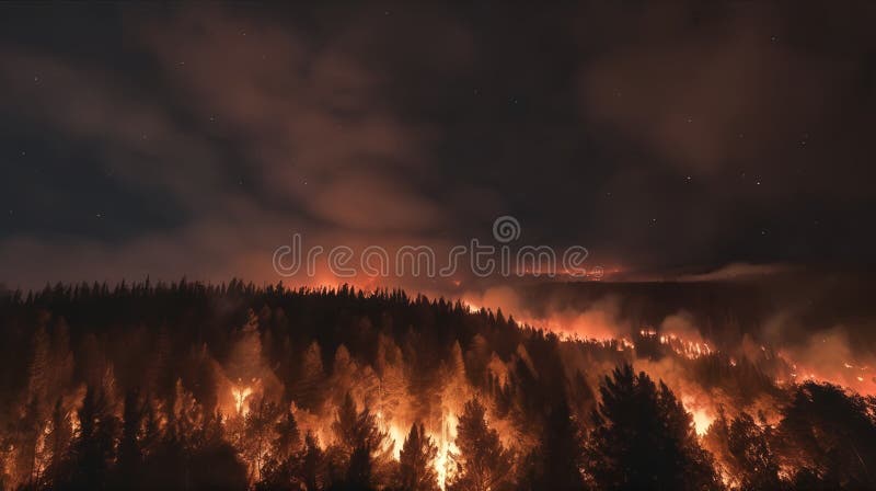 Top View of a Fire in a Hilly Forest at Night. There are Stars in the ...