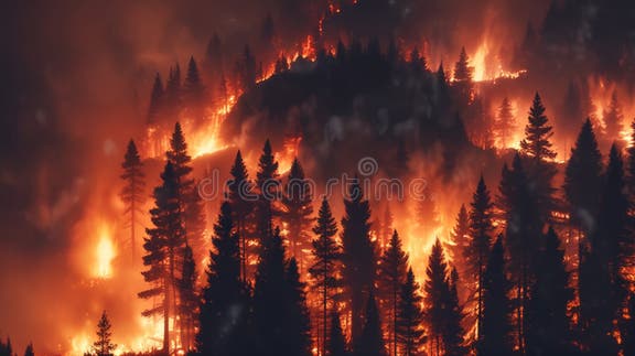 Top View of Fire on Hilly Pine Forest Stock Illustration - Illustration ...