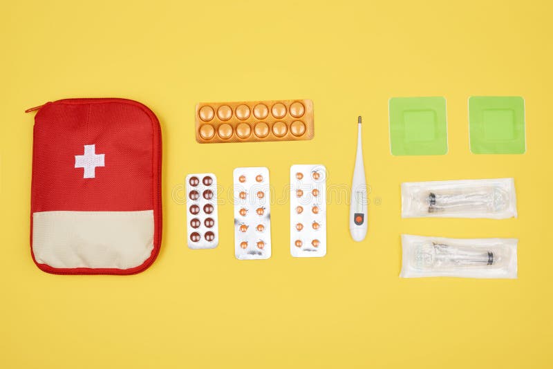 Top View of First Aid Kit with Various Medicines Stock Image - Image of ...