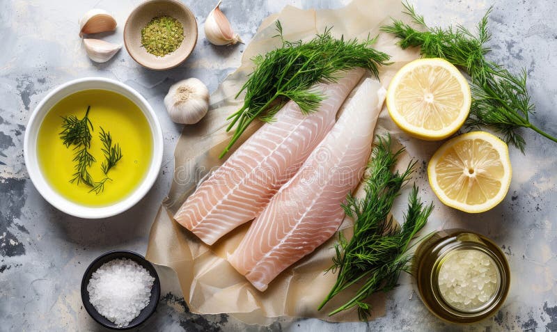 Top View on Fish Ingredients on a Granite Countertop Stock Image ...