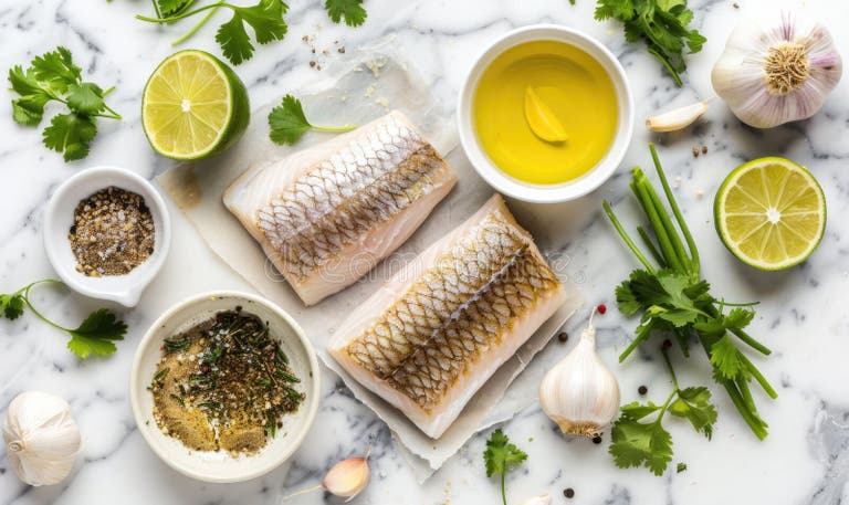 Top View on Fish Ingredients on a Granite Countertop Stock Photo ...