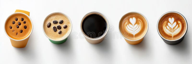 Top View of Five Different Paper Takeaway Coffee Cups on a White ...