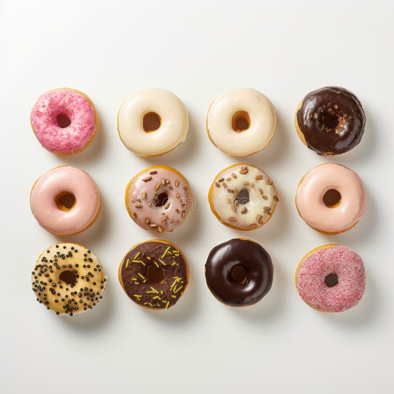 Top View of Five Donuts with Coffee on White Background Stock ...