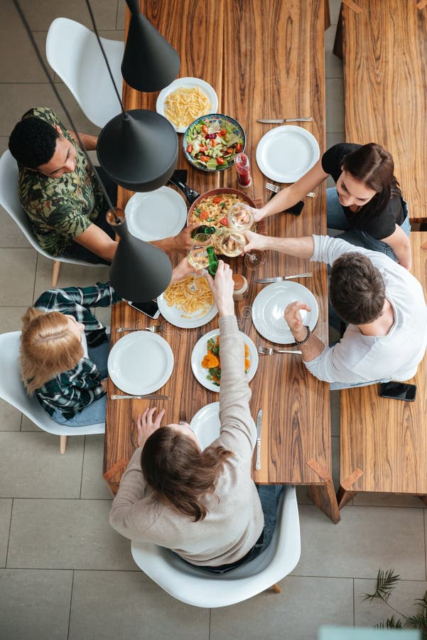 Top View of Five People Cheering with Wine Stock Image - Image of ...