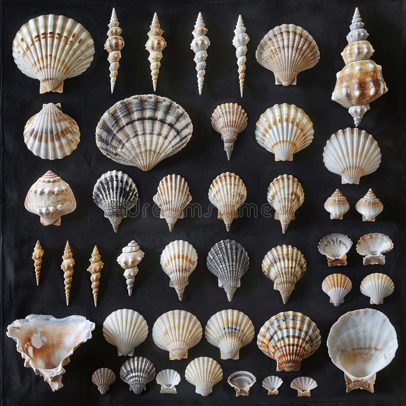 Top View of a Flat Lay Arrangement of Seashells on a Black Background ...
