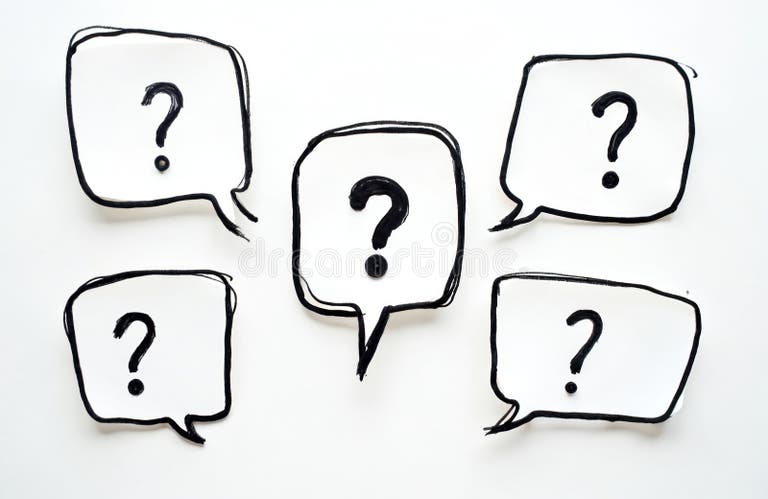 Top View Flat Lay of Drawn Question Marks in Speech Bubbles on White ...