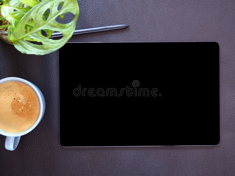 Top View, Flat Lay Mock Up Digital Tablet Pc Computer with Blank Black ...
