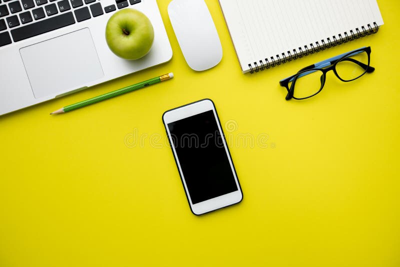 Top View, Flat Lay of Modern Yellow Office Desk Table with Laptop Stock ...