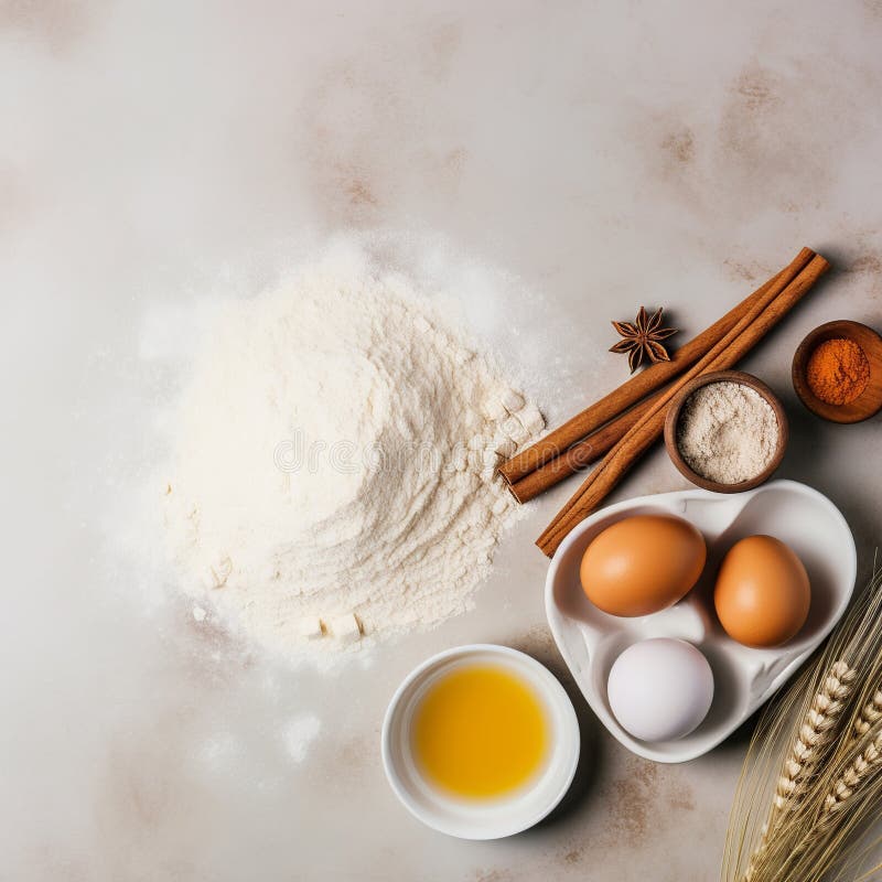 Top View of Essential Baking Ingredients on Counter, Copy Space Stock ...