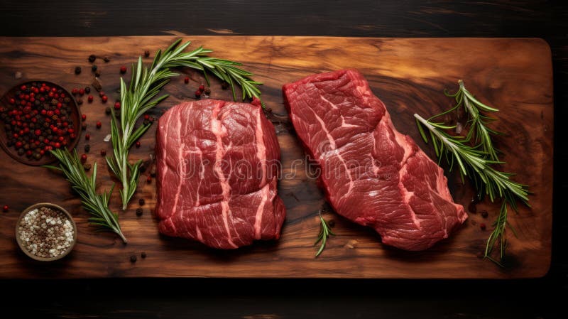 Top View Flat Lay Two Slices of Beef Raw Ribeye on a Wooden Board ...