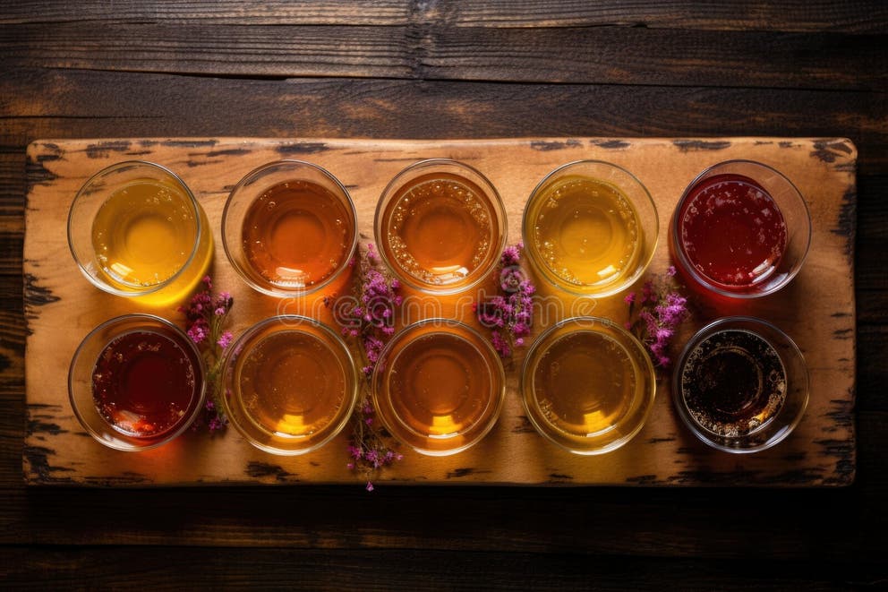 Top View of a Flight of Ciders on a Wooden Sampler Stock Photo - Image ...