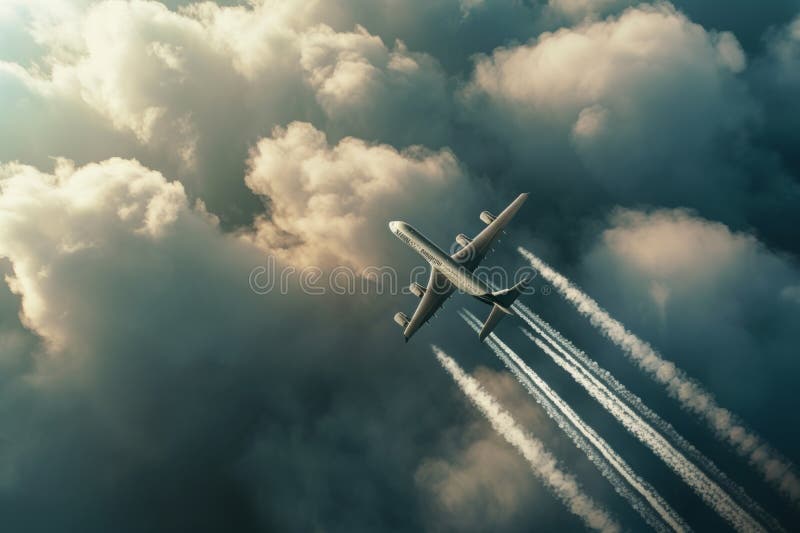Top View of a Flying Airplane Above the Clouds Jet Plan Leaving Behind ...