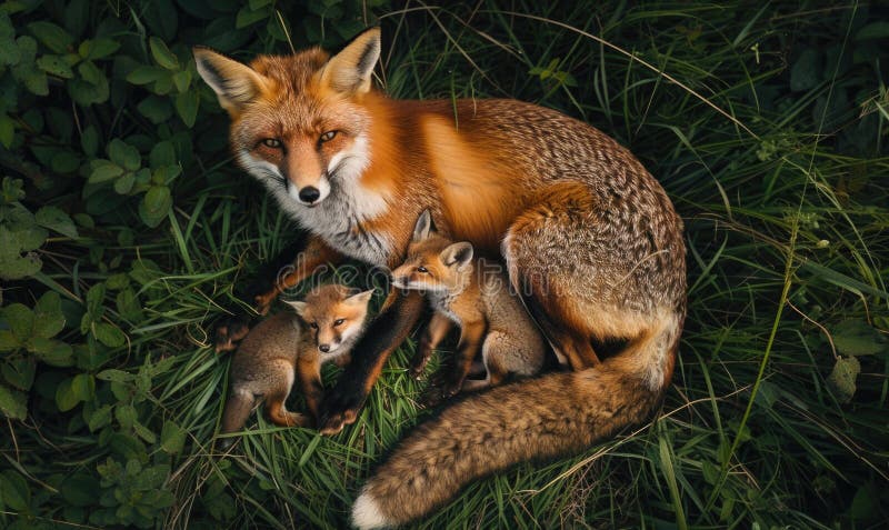 Top View of a Fox with Cubs, Playing in the Grass Stock Photo - Image ...