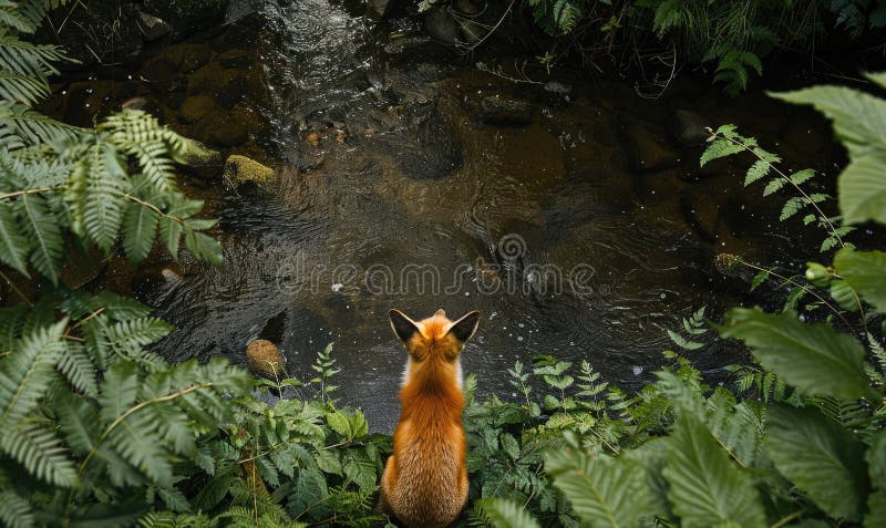 Top View of a Fox Sitting by a River, Lush Greenery Stock Image - Image ...