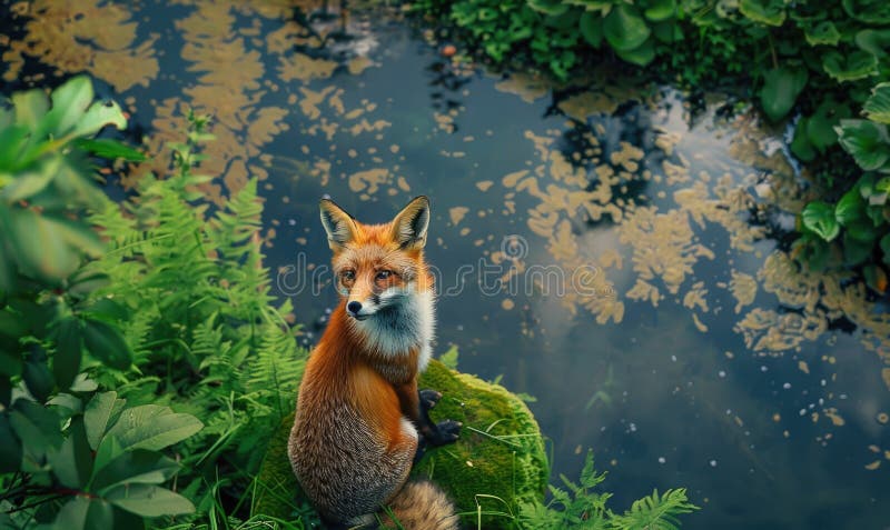 Top View of a Fox Sitting by a River, Lush Greenery Stock Photo - Image ...