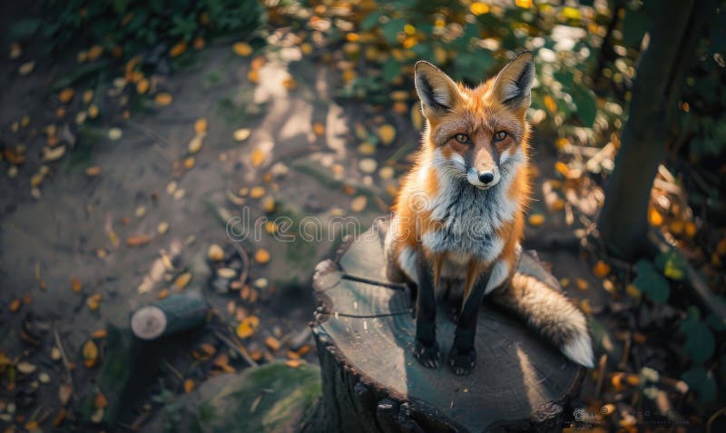 Top View of a Fox Sitting on a Stump in a Dense Forest Stock Photo ...