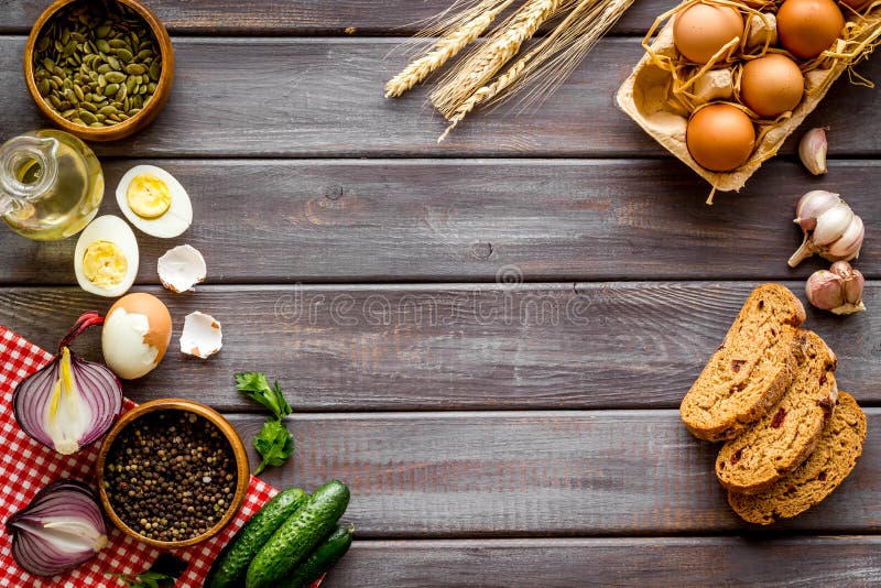 Top View Frame of Dinner Table with Fresh Homemade Food - Effs, Bread ...