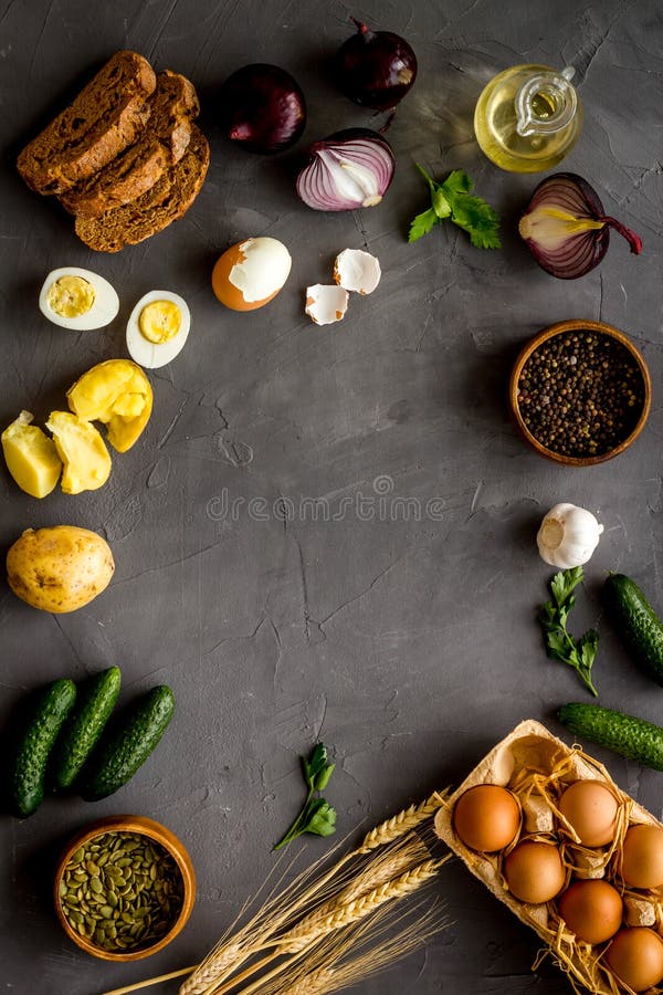 Top View Frame of Dinner Table with Fresh Homemade Food - Effs, Bread ...
