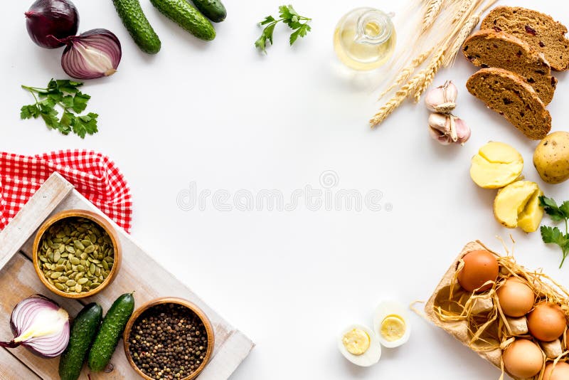Top View Frame of Dinner Table with Fresh Homemade Food - Effs, Bread ...