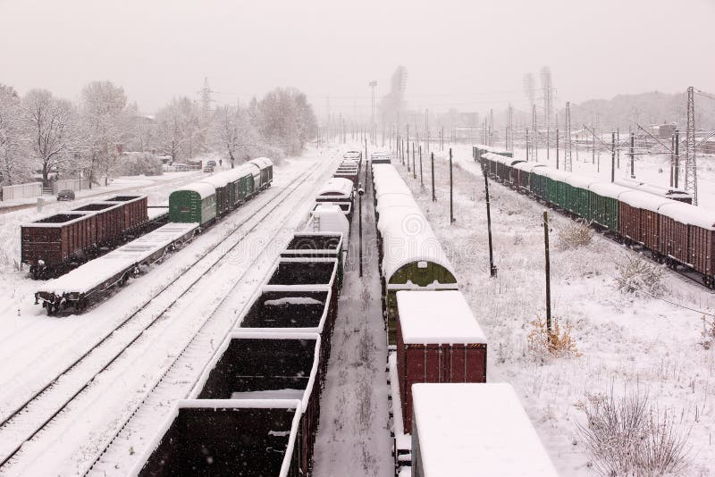 Top View of Freight Train with Carriages on Railways at Winter Stock ...