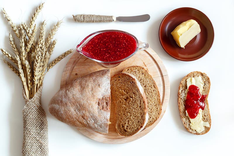 Top View of the Fresh Bread and Jam Stock Photo - Image of white ...