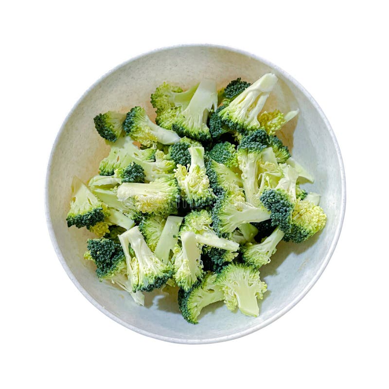 Top View of Fresh Broccoli Pieces in White Bowl. Isolated on White ...