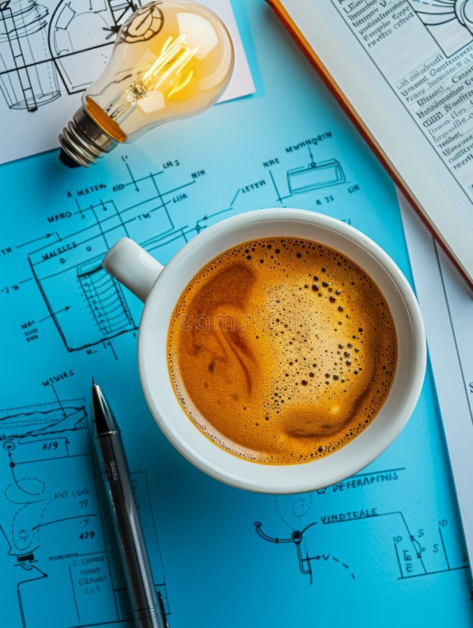 Top View of Fresh Coffee Cup on Engineering Blueprints with Light Bulb ...