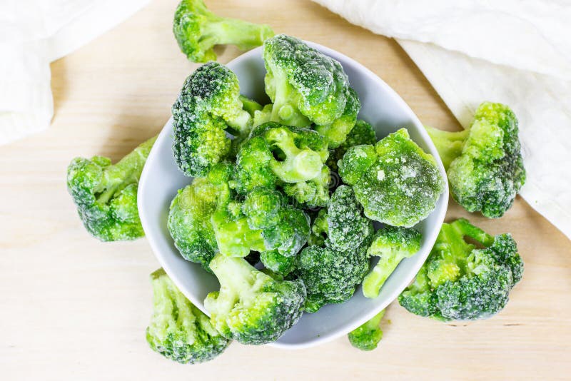 Top View of Fresh Green Frozen Broccoli in Small White Bowl on Light ...