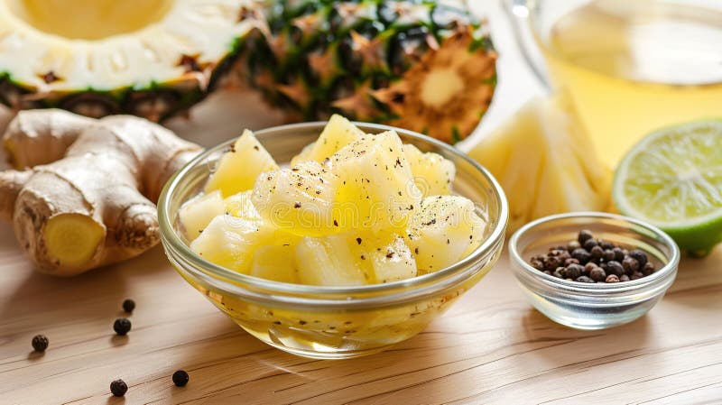 Top View of Fresh Pineapple Chunks, Ginger, Lime, and Spices on a ...