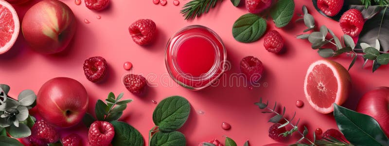 Top View of Fresh Raspberries and Grapefruit Arranged on a Vibrant Red ...