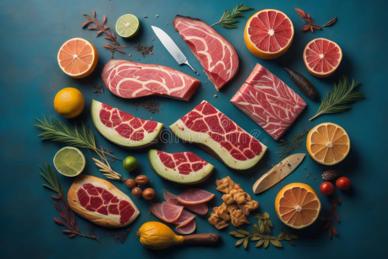 Top View of Fresh Raw Meat with Ingredients for Cooking on Blue ...