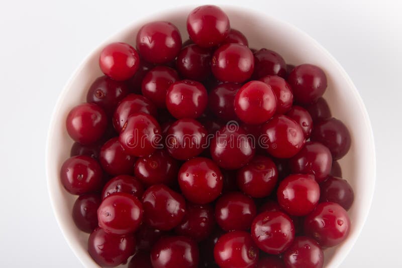 Top View on Fresh Red Cherries in White Plate Stock Photo - Image of ...
