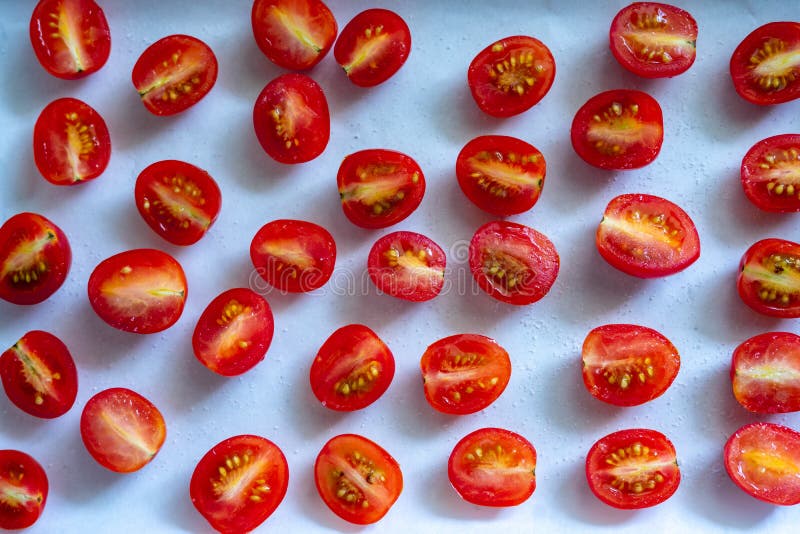 Top View of Fresh Red Cherry Tomatoes Cut in Half, Half-cut Side Up, on ...