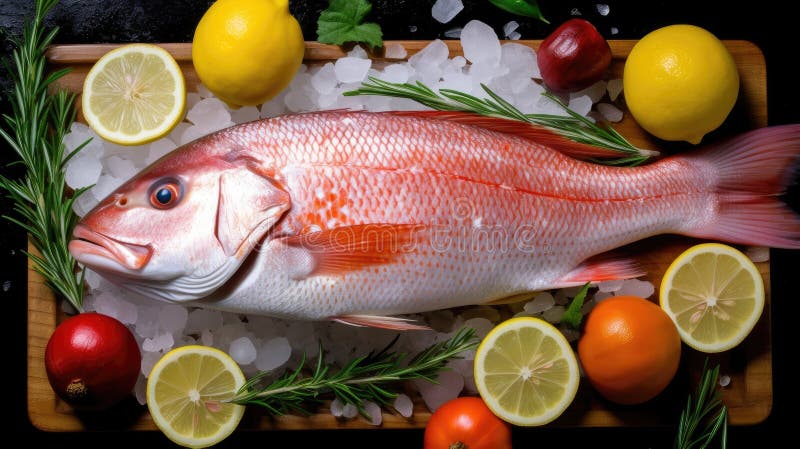Top View of Fresh Snapper Preparation with Lemon and Vegetables on Ice ...