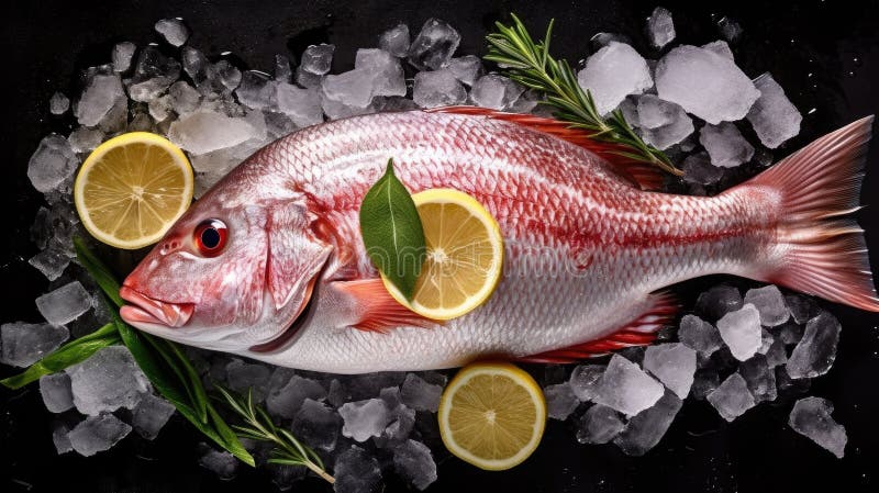 Top View of Fresh Snapper Preparation with Lemon and Vegetables on Ice ...