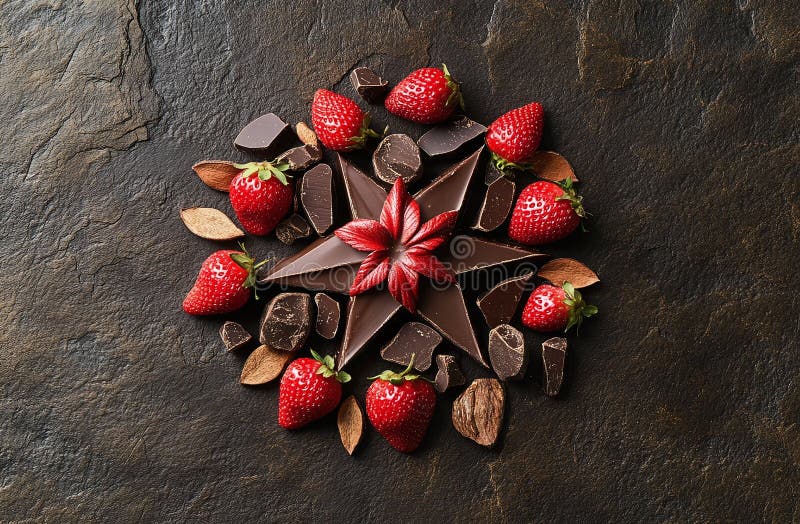 Top View of Fresh Strawberries Dark Chocolate Pieces Star Pattern on ...